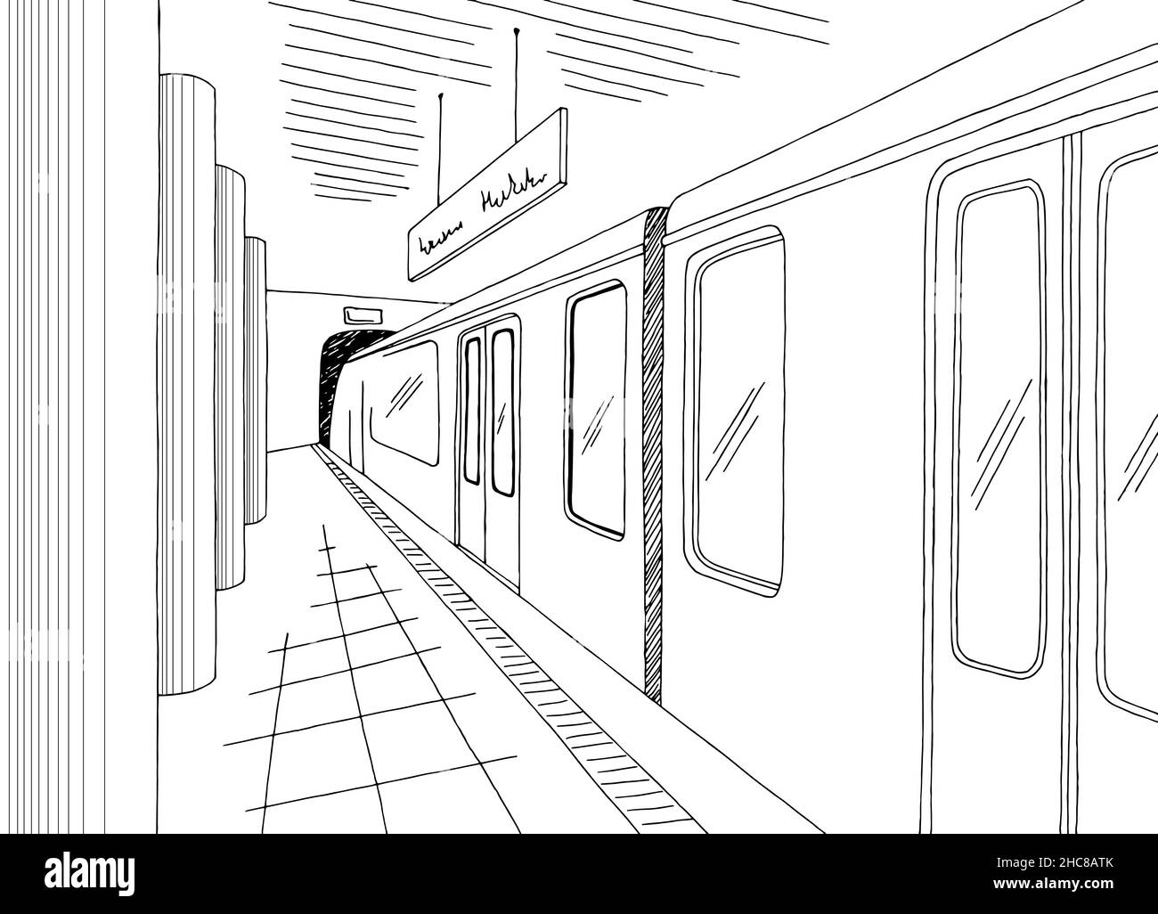 Subway station platform graphic black white sketch illustration vector ...