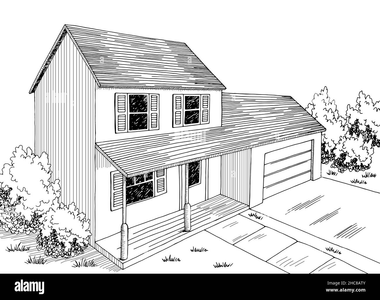 House exterior graphic black white sketch illustration vector Stock ...