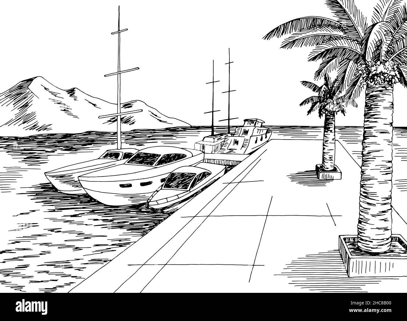Seafront pier graphic yacht sea black white landscape sketch ...
