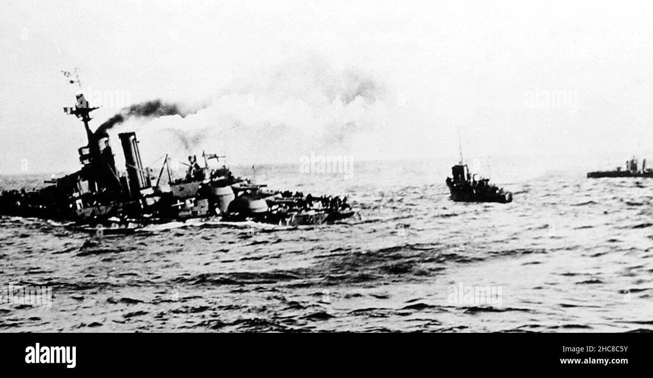 The sinking of HMS Audacious in the Irish Sea in 1914 after hitting a ...
