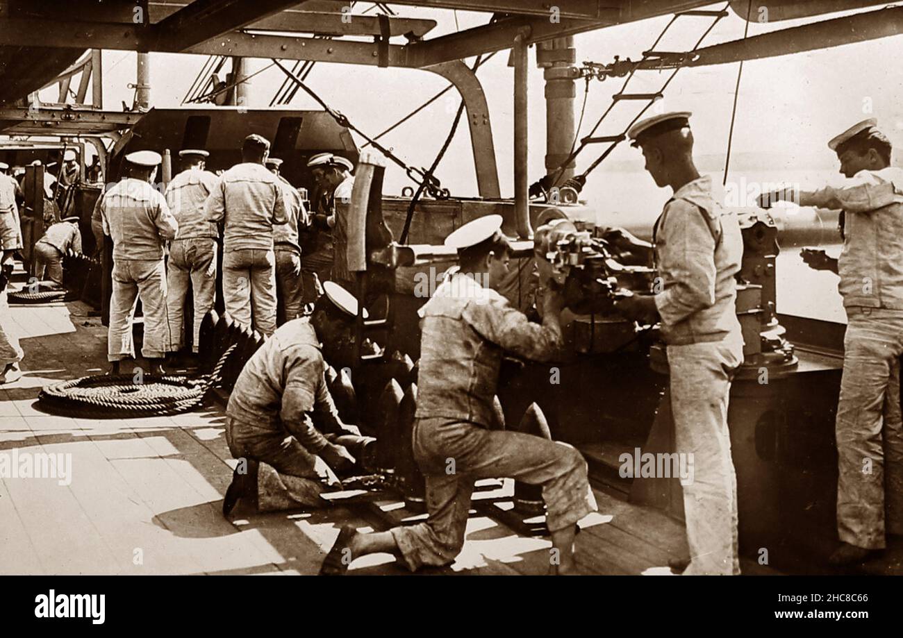 Gun practice, Royal Navy warship, early 1900s Stock Photo - Alamy