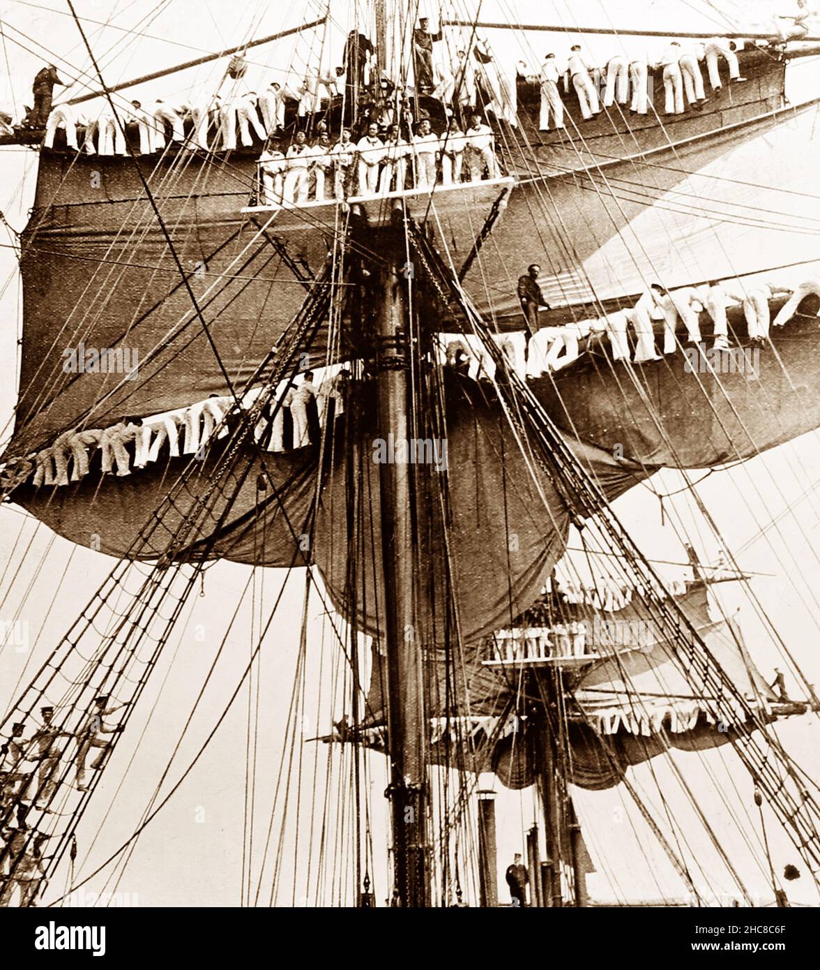 Royal Navy sailors manning the rigging, Victorian period Stock Photo ...