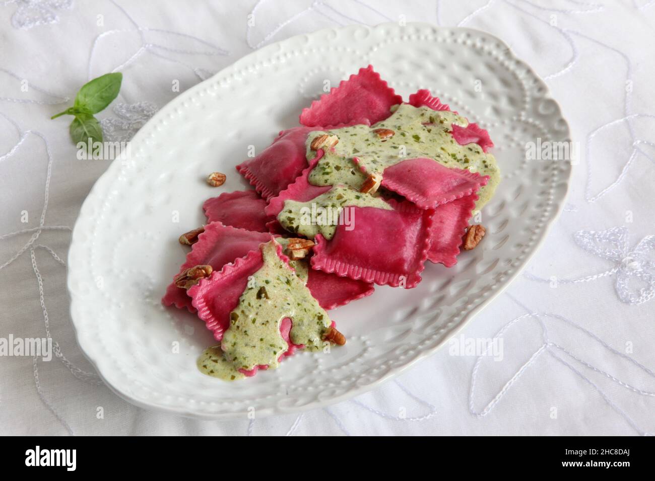 A plate of freshly cooked tomato flavoured and coloured Ravioli ...