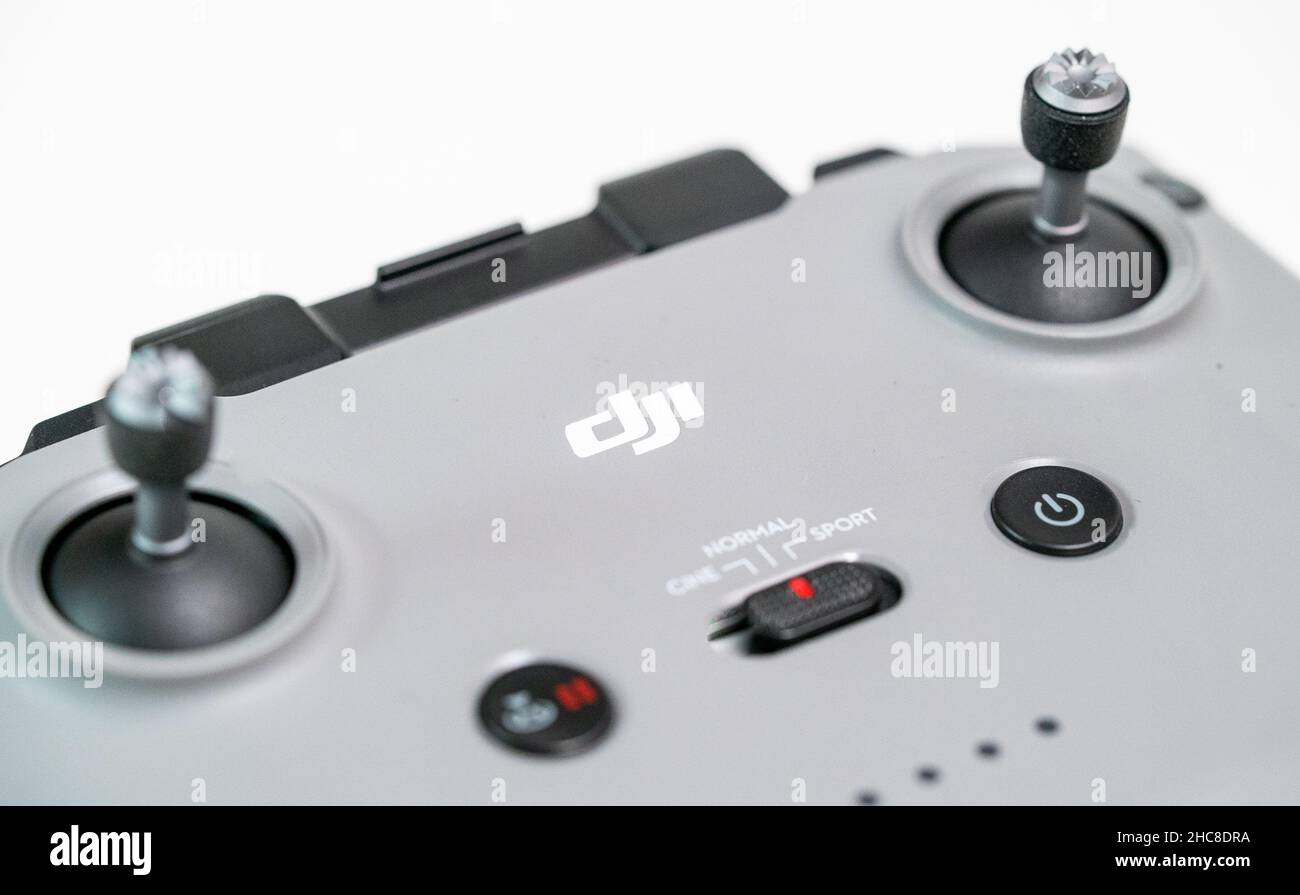 Closeup shot of the mavic air 2s dji remote control on a white ...