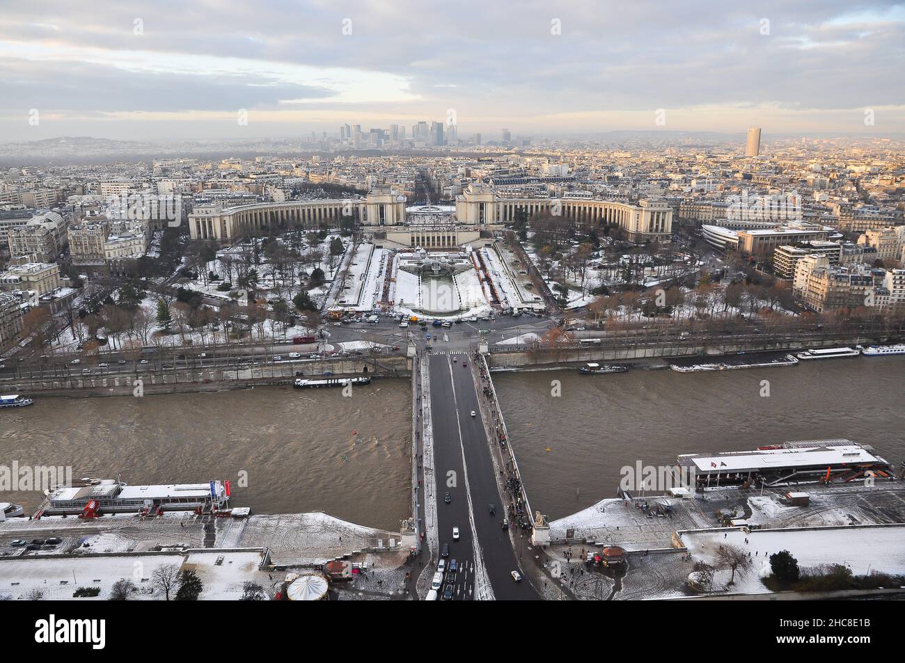 Aerial shot of Paris in France during the winter at sunrise or sunset ...