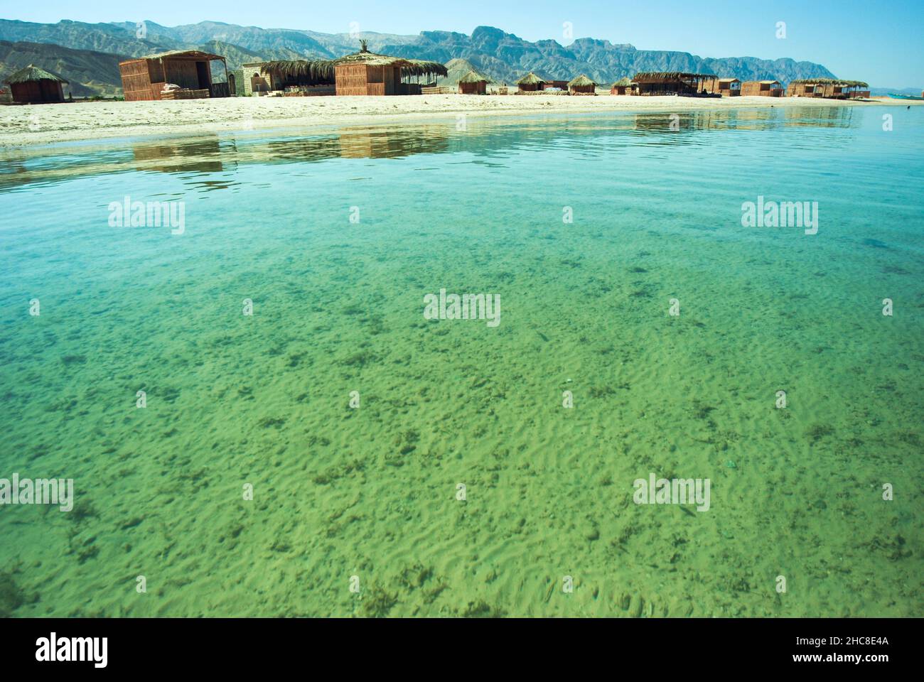 Egypt, Sinai, Bir Sweir Beach resort as seen from within the Red Sea ...