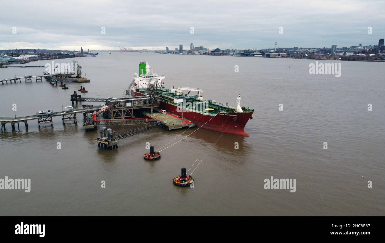 Aerial shot of the Silver Rotterdam oil chemical tanker ship loading at ...