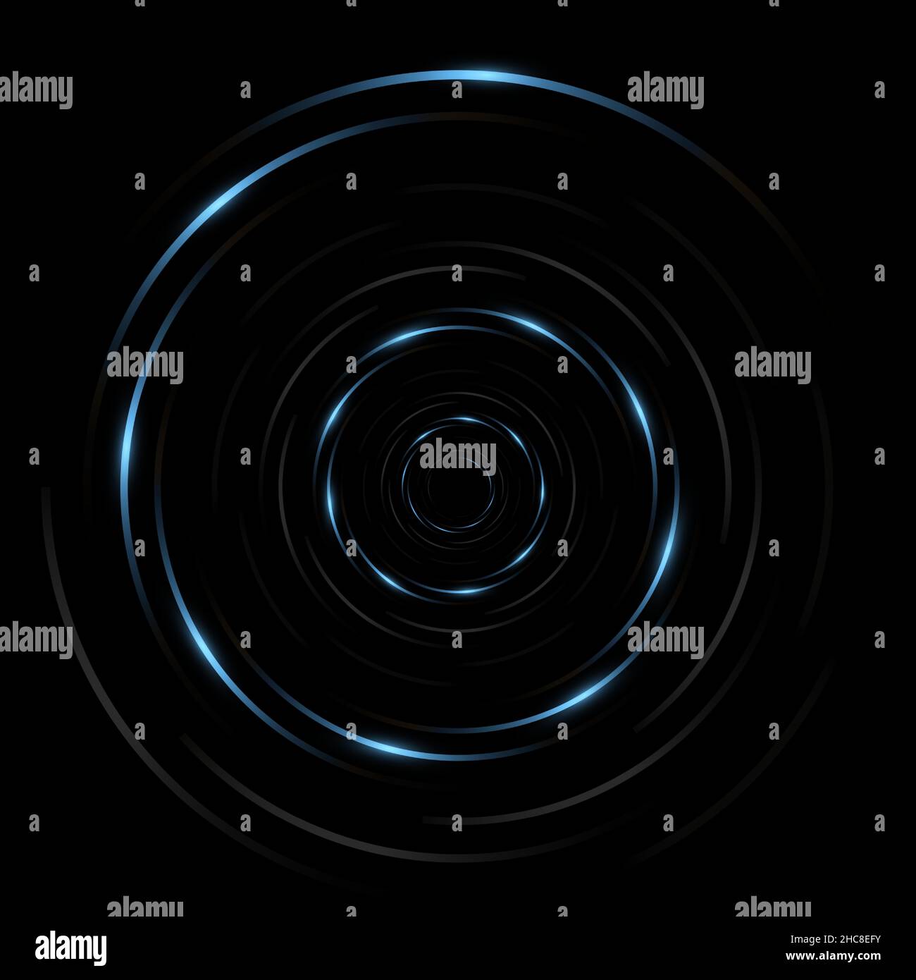 Abstract luxury elegant dark grey and blue spiral circle lines on black ...