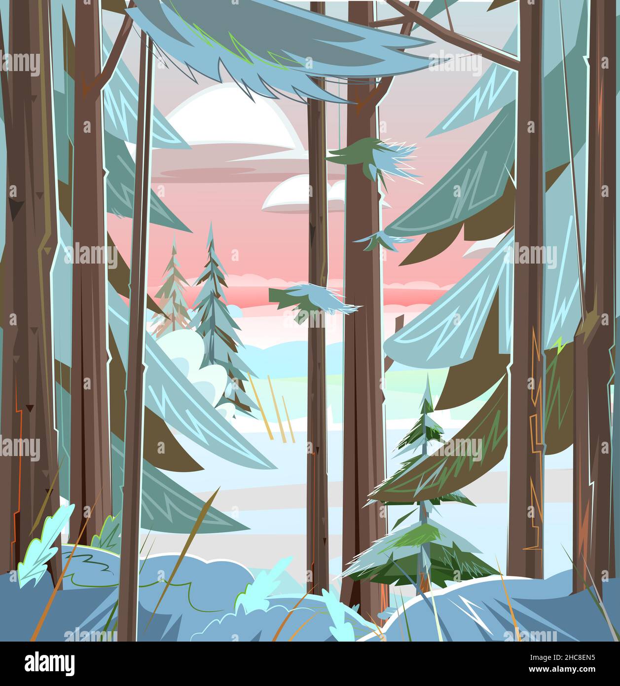 Winter forest landscape. The trunks of coniferous trees in the snow ...