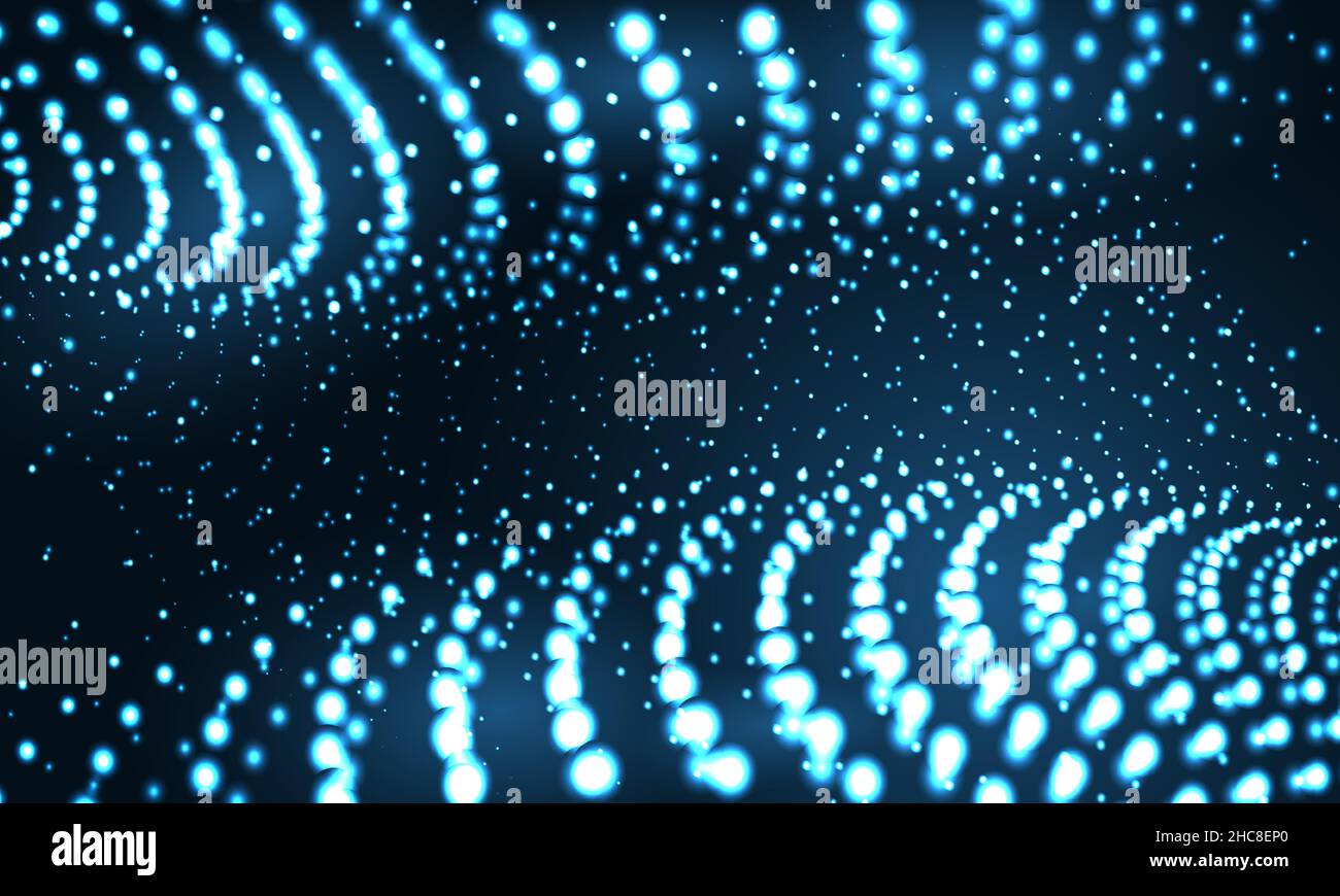 Digital abstract technology blue circle particle dots wave in vector dark background. Hi tech ...