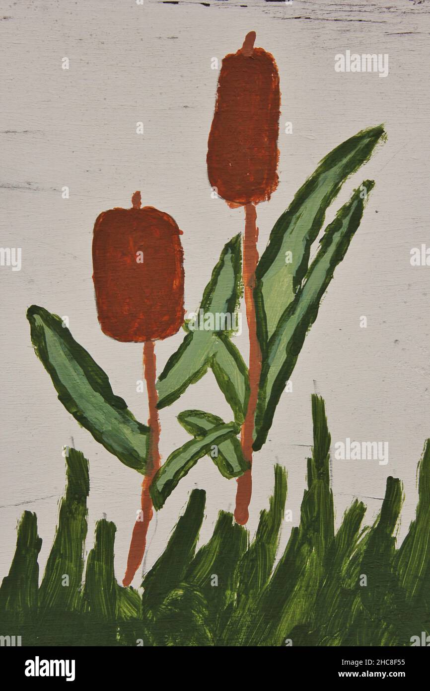 Plank of old wood painted with wild cattails Stock Photo - Alamy