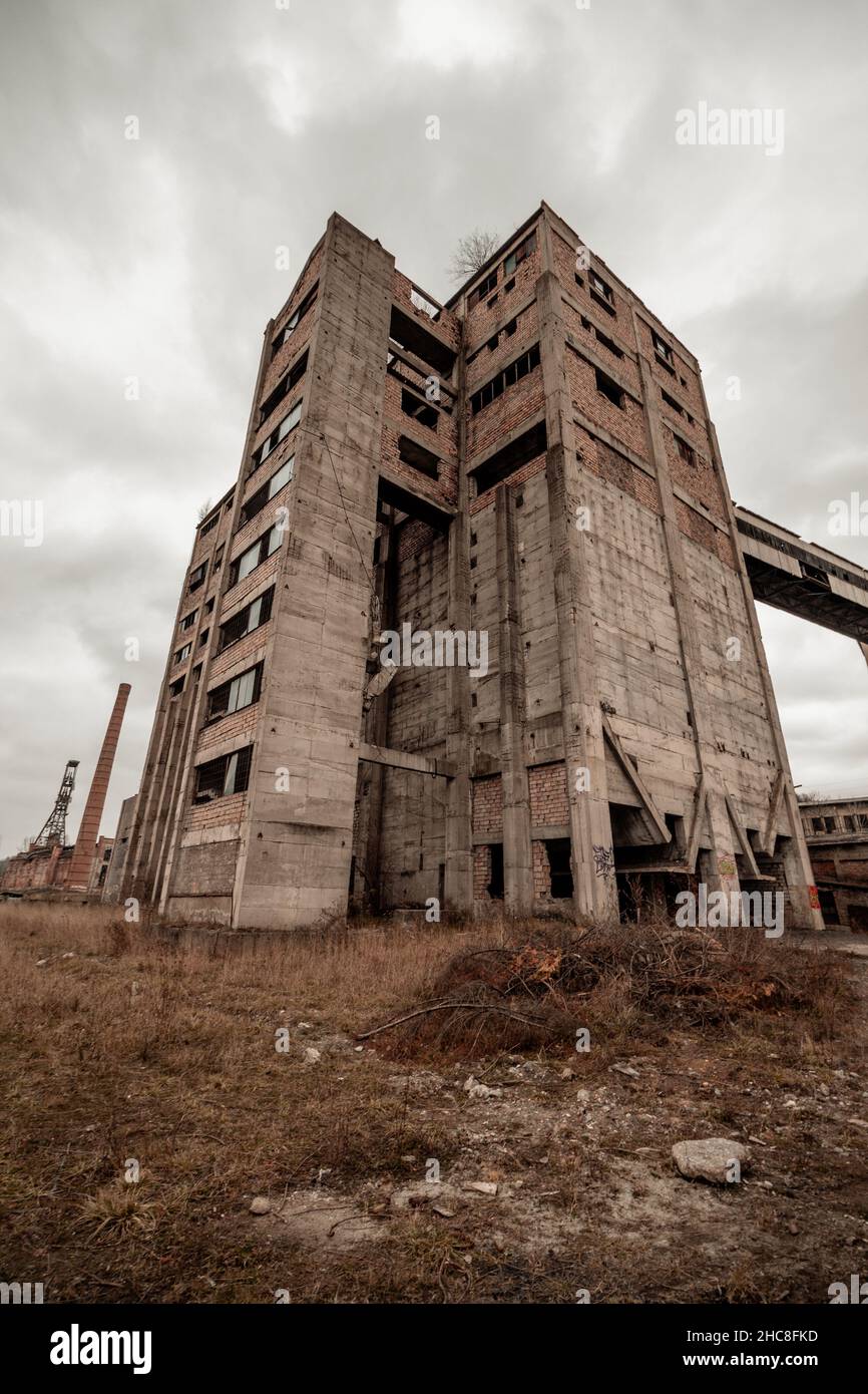 Vertical shot of the building from the abandoned coal mine in Petrila ...