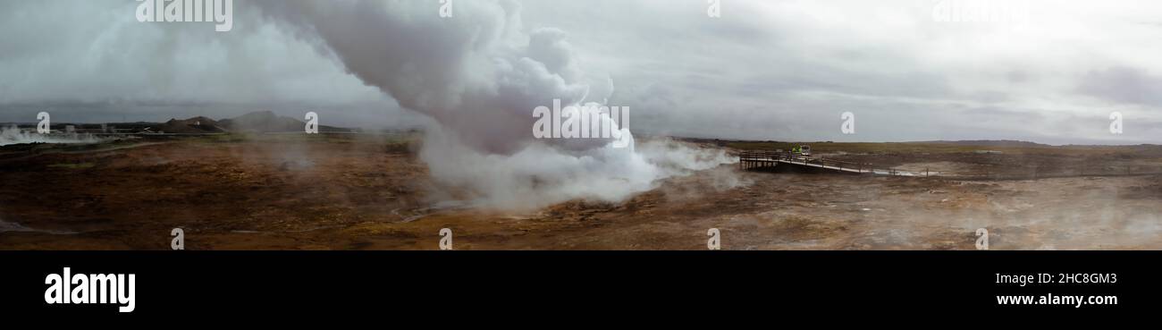 Panorama view of a geothermal field and mud pools in Gunnuhver, Iceland ...