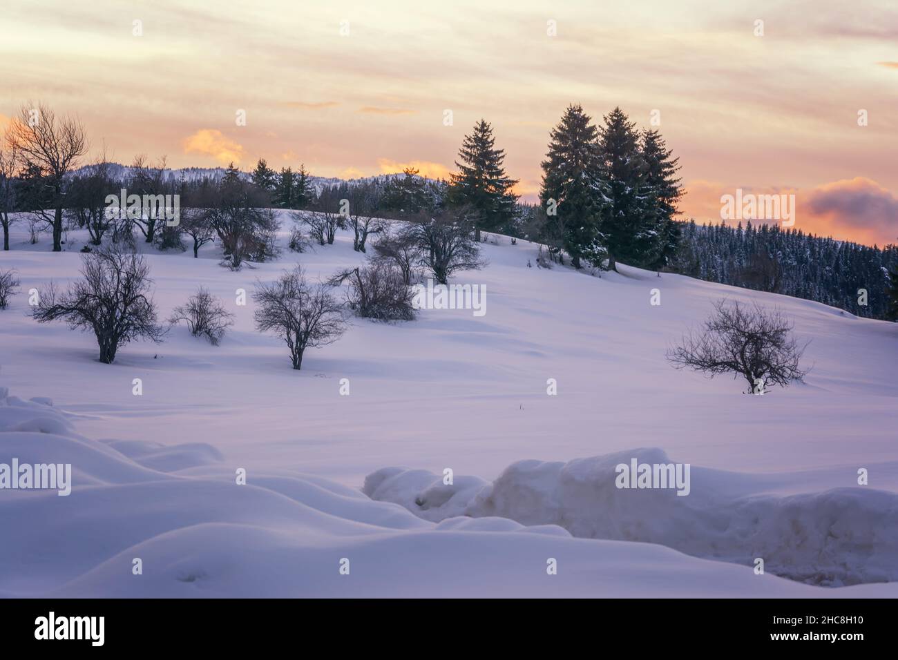 Fantastic winter landscape during sunset. colorful sky glowing by ...