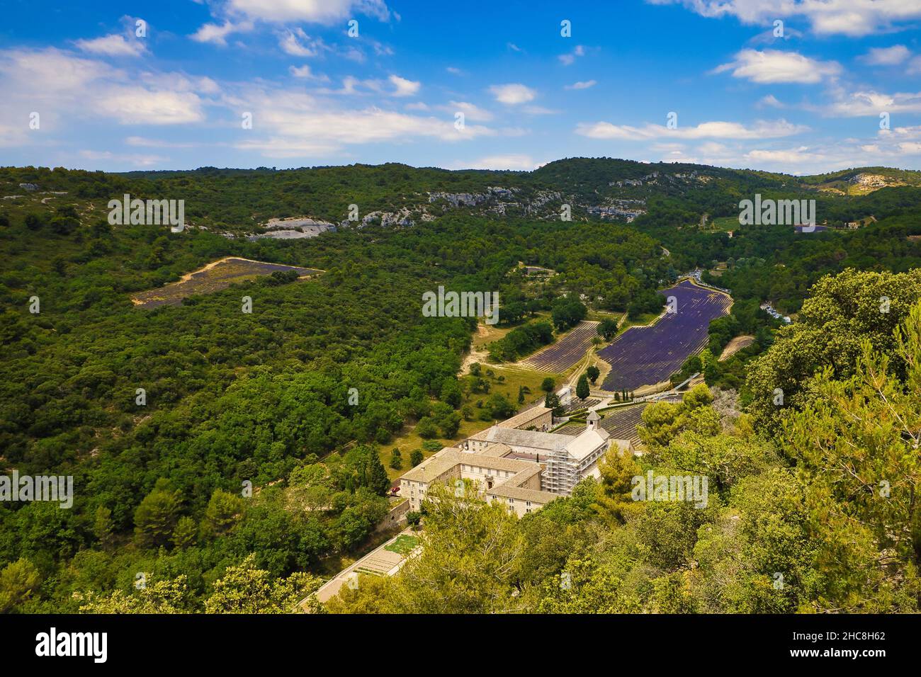 Bird's eye view of Senanque monastery, France surrounded by forests on ...