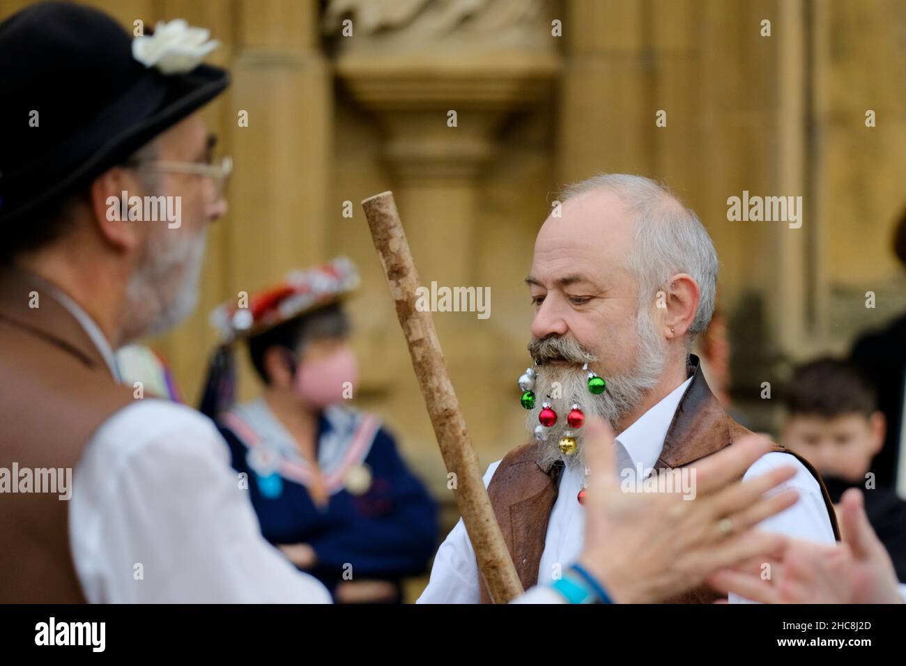 Gloucester, UK. 26th Dec, 2021. Morris Men and Mummers perform in front ...
