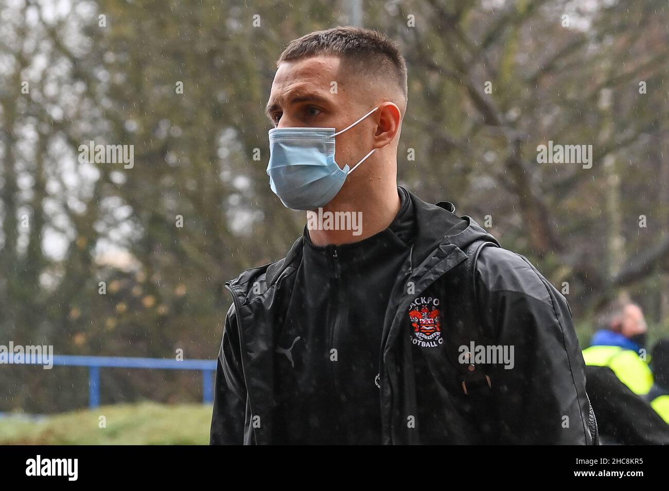 Shayne Lavery #19 of Blackpool arrives at The John Smith's Stadium ...