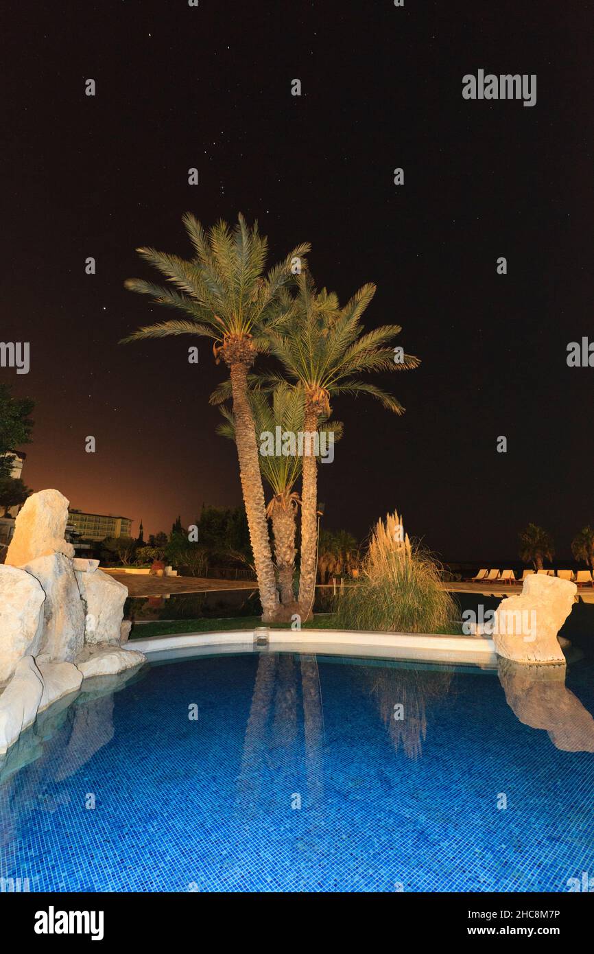 Hotel swimming pool, and Palm trees lit up, at night, Island of Cyprus ...