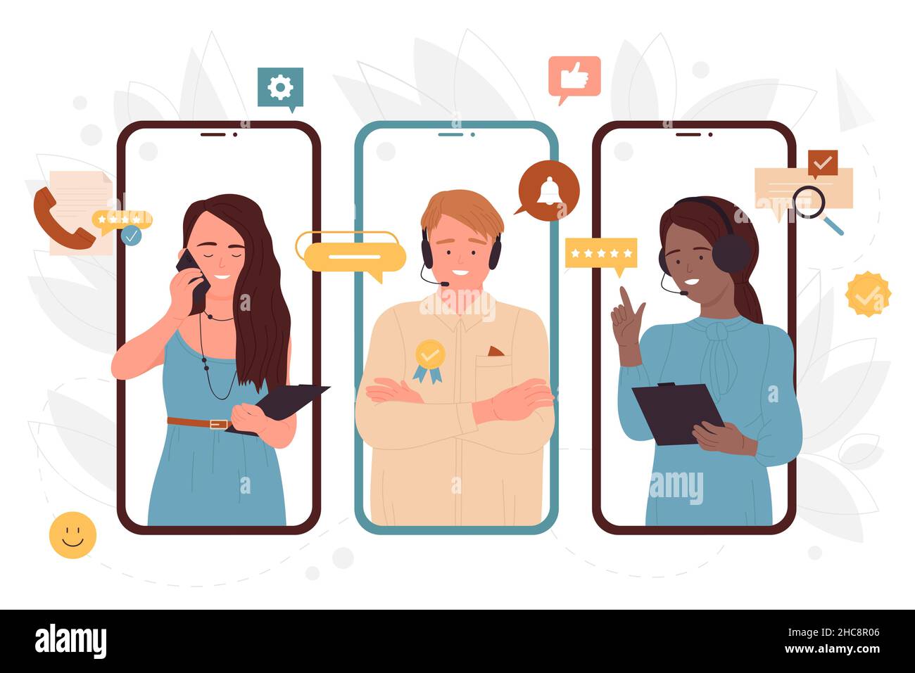 Team of operators with headsets work in customer call service vector ...