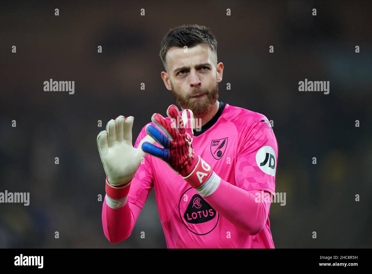 Norwich City goalkeeper Angus Gunn prior to kick-off before the Premier ...