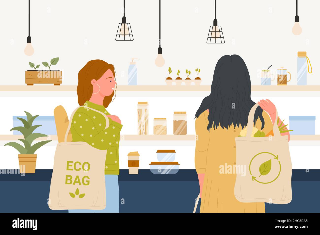 Girls with eco bags shopping on grocery shop vector illustration. Cartoon conscious female ...