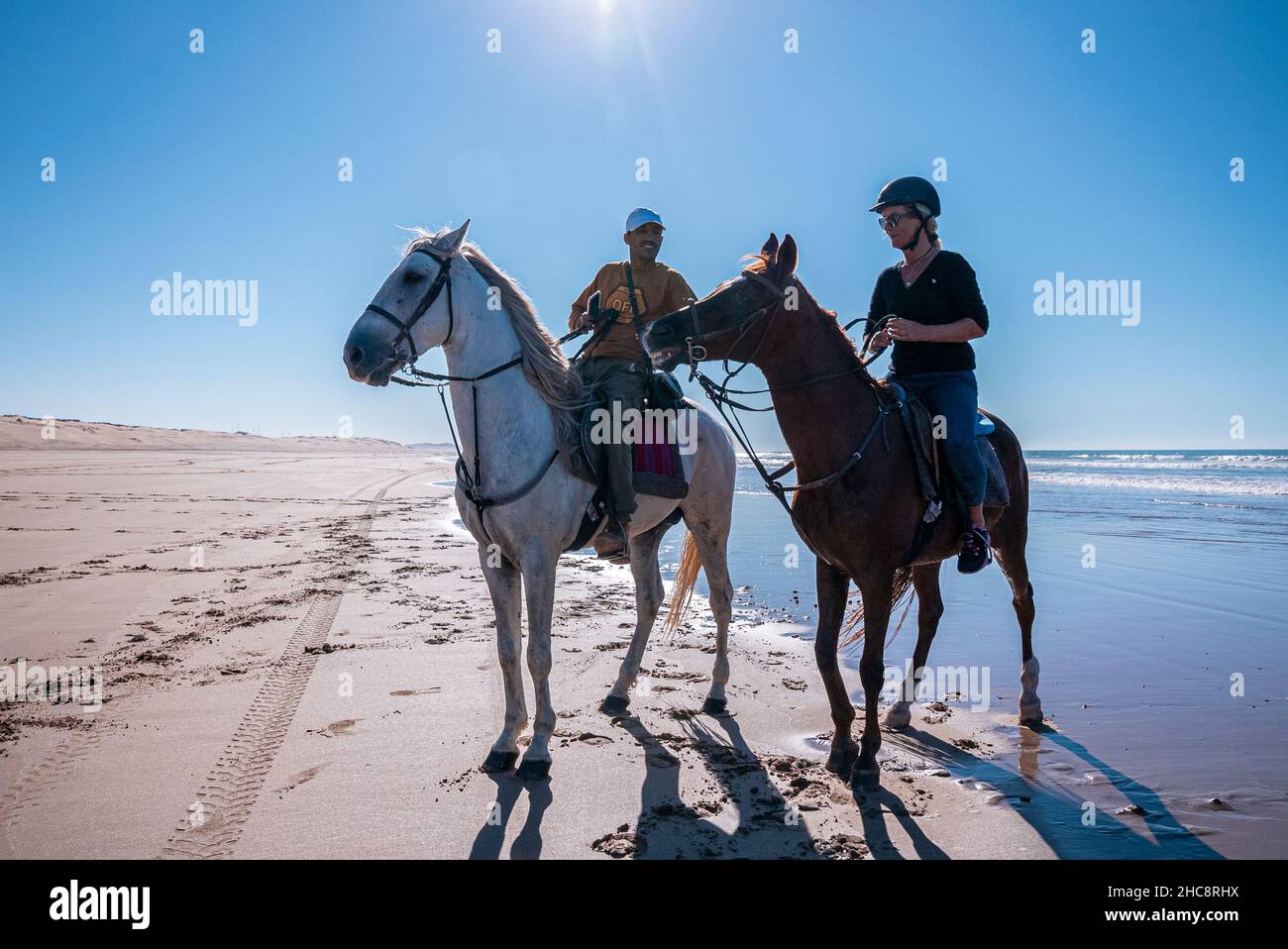 Man and woman riding horses along shoreline at beach against clear sky ...