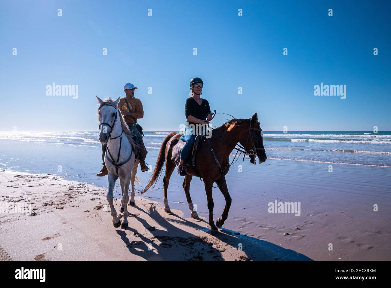 Man and woman riding horses along shoreline at beach against clear sky ...