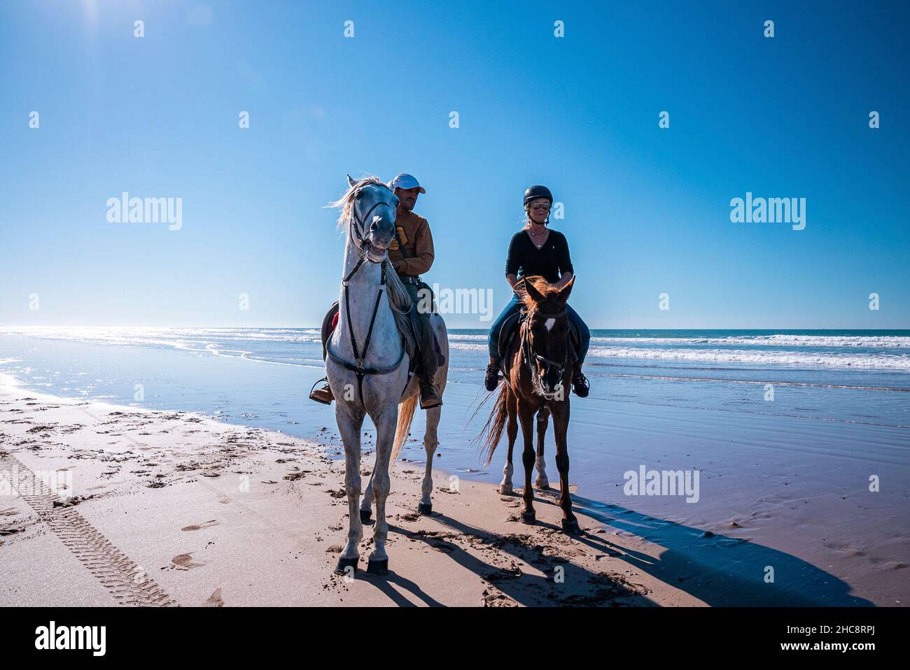 Man and woman riding horses along shoreline at beach against clear sky ...