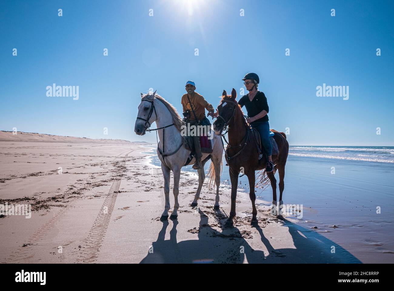 Man and woman riding horses along shoreline at beach against clear sky ...