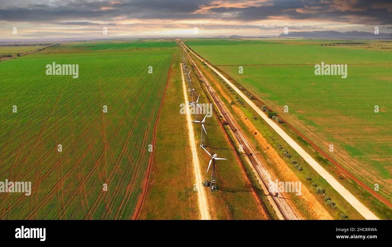 Aerial view of the green field and the wind farm. Crimea Stock Photo ...