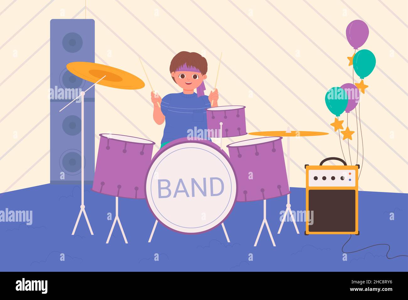 Kid playing drums on music concert vector illustration. Cartoon happy ...