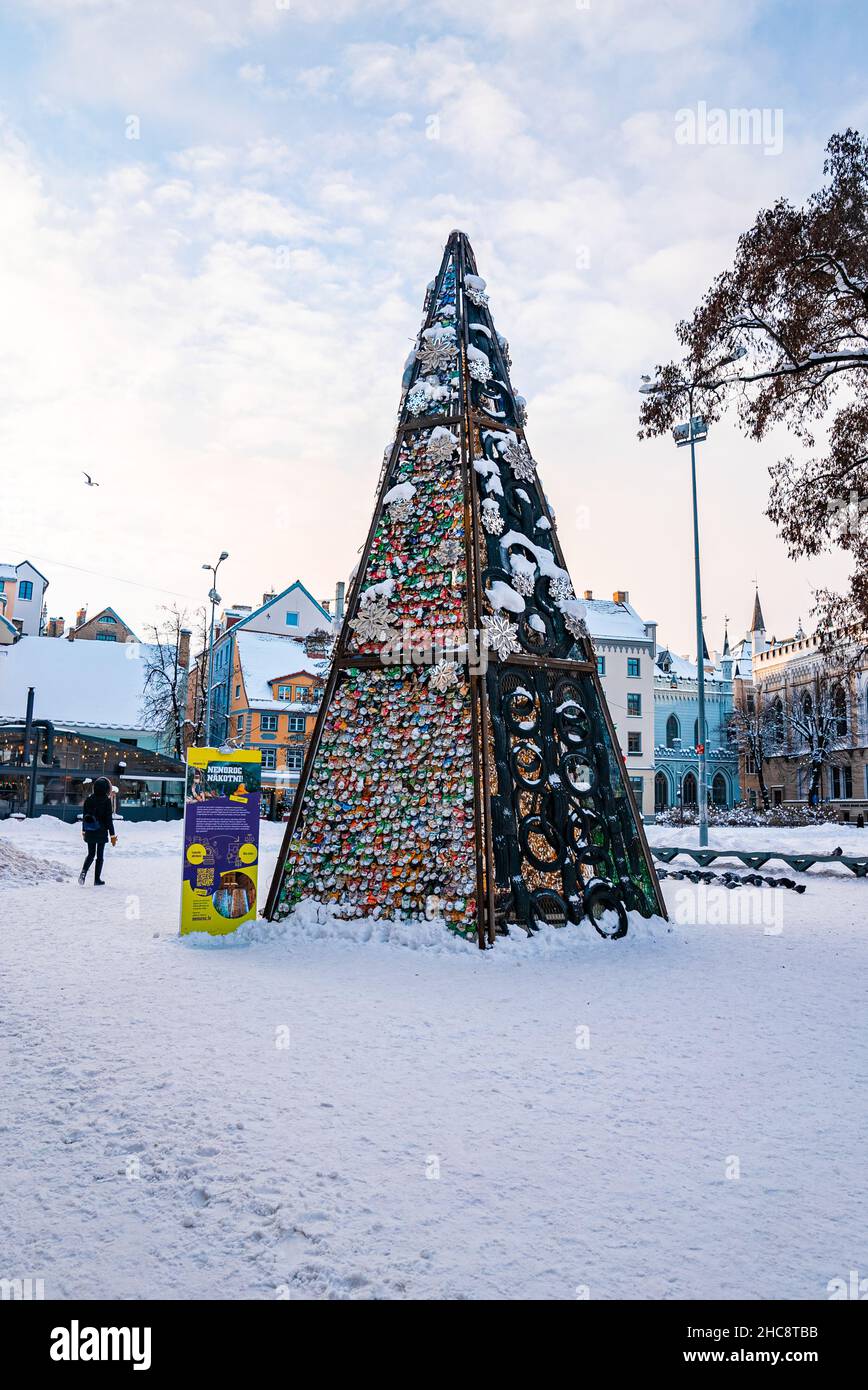 Eco Christmas tree made up of waste, recycled trash and used ...