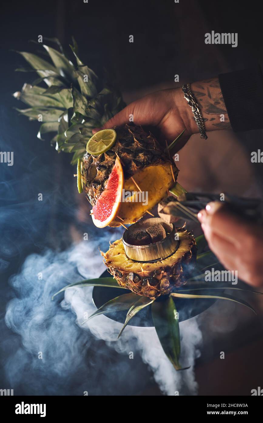 Exotic hookah. hookah over backgrounds with smoke. Hookah with fruit ...
