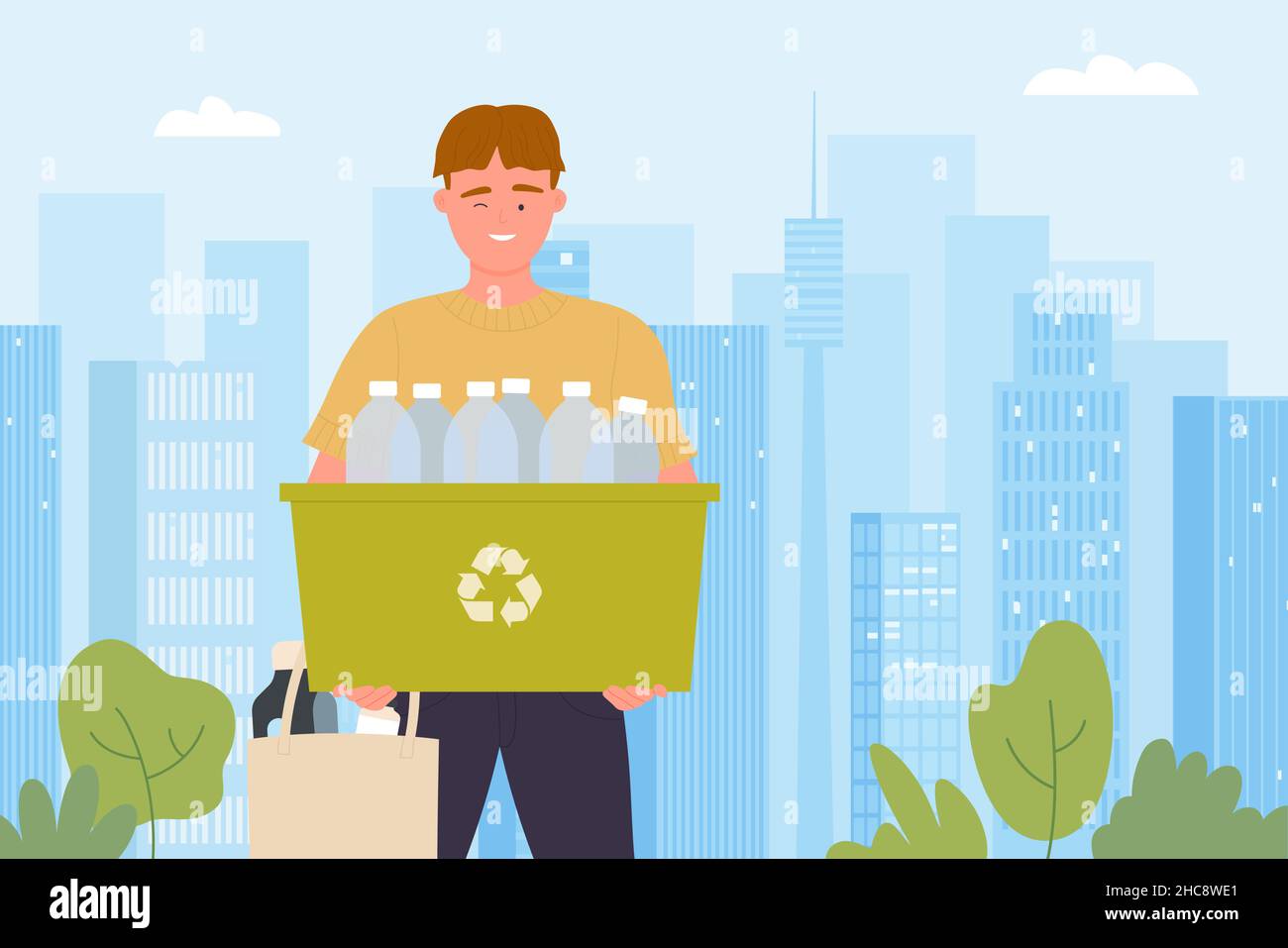 Volunteer holding container with recycle sign and plastic bottles to ...