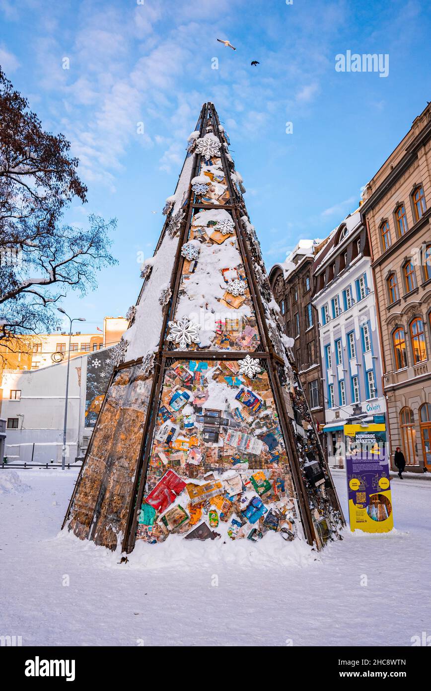 Eco Christmas tree made up of waste, recycled trash and used ...