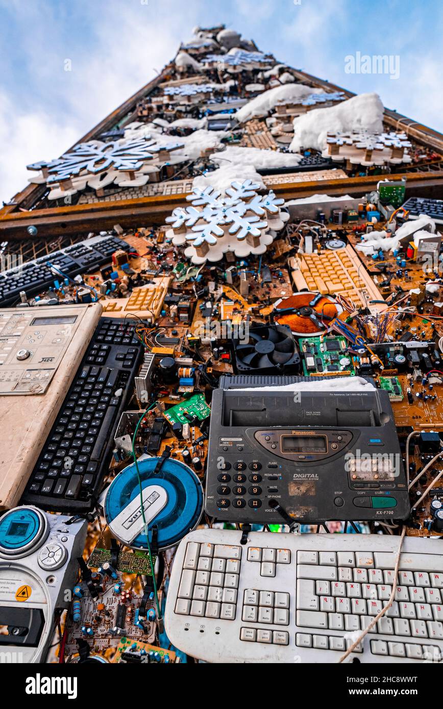 Eco Christmas tree made up of waste, recycled trash and used ...
