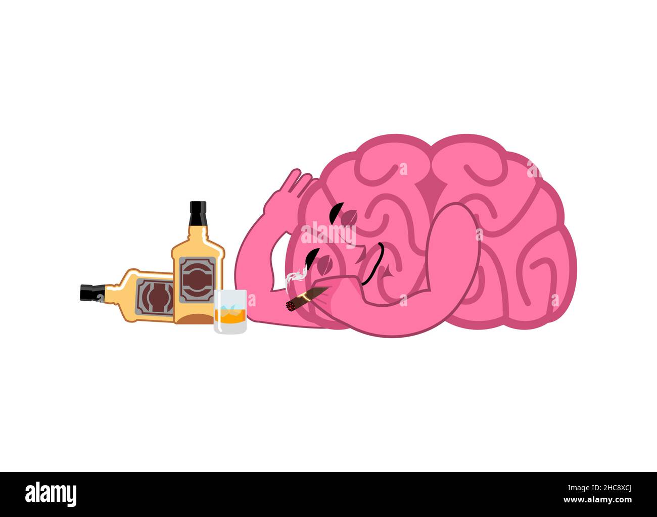 Drunken brain is asleep. Mosie and alcohol. Whiskey bottle and cigar ...