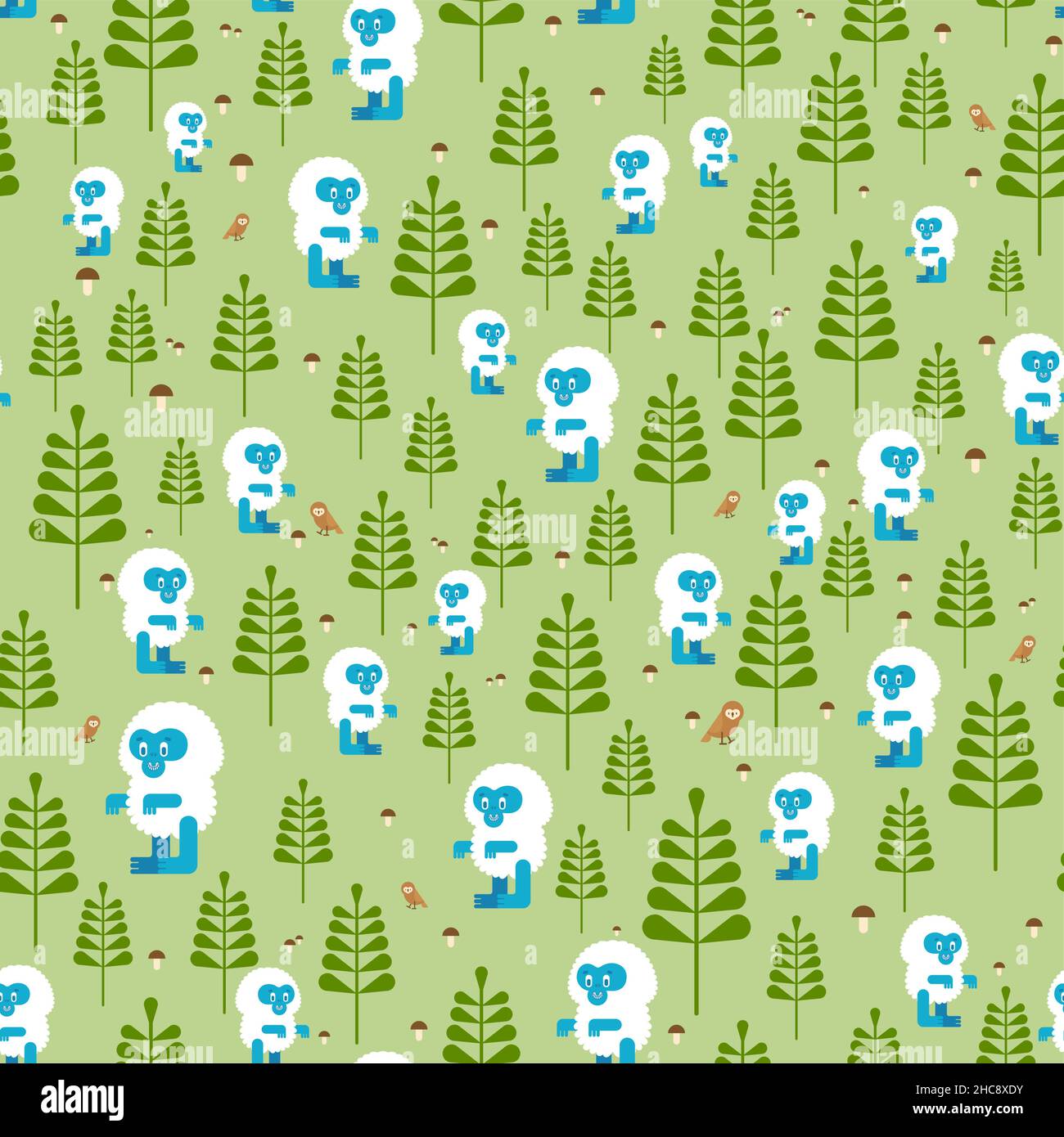 Cute yeti in forest pattern seamless. small bigfoot cartoon background ...