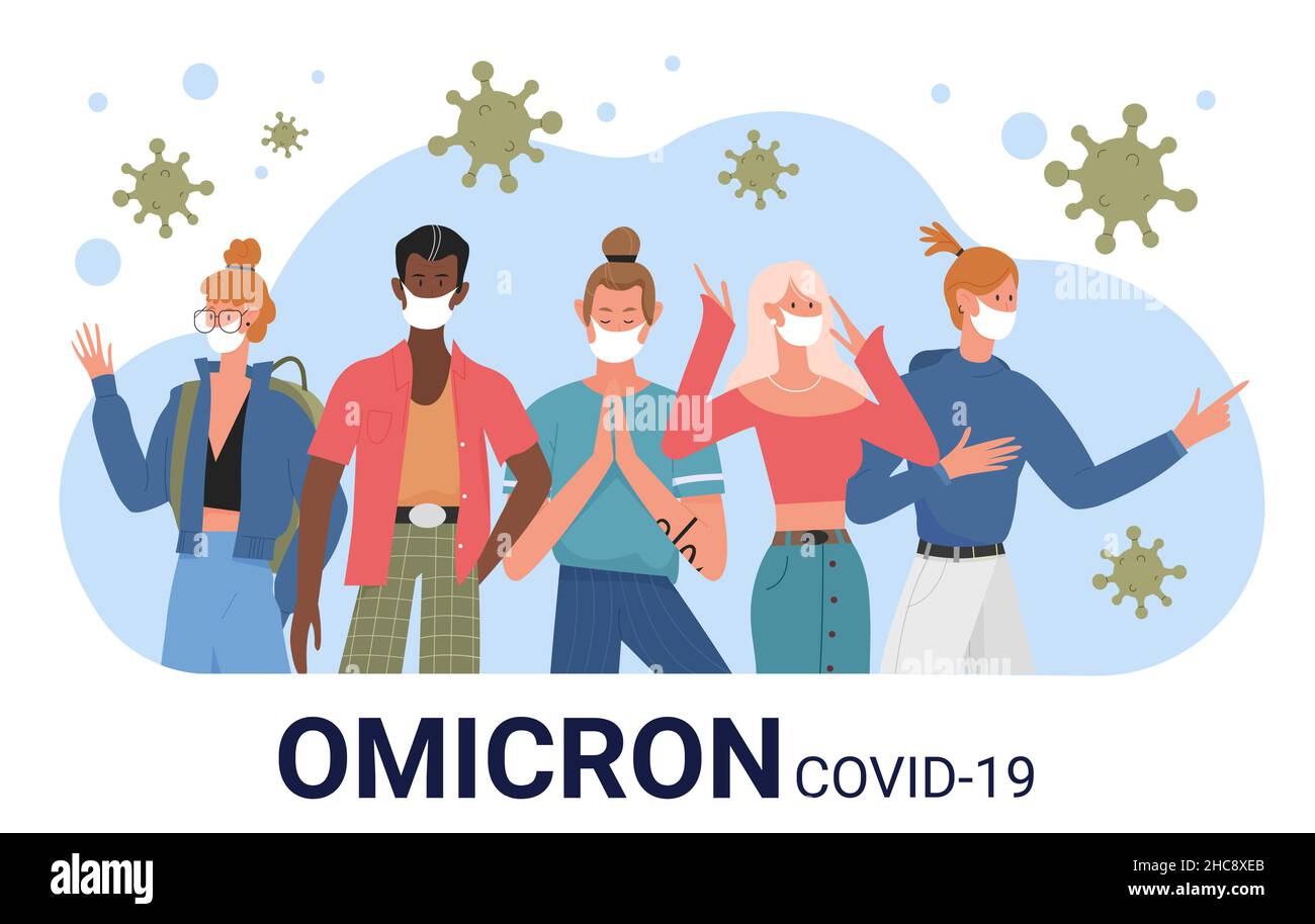 People in medical masks vector illustration. Cartoon young man woman ...