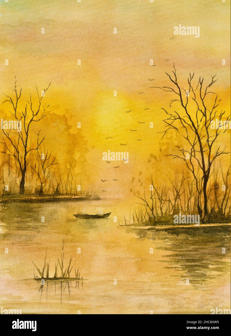 Watercolor painting. Trees, lake and sunset. Rural landscape. Painted ...