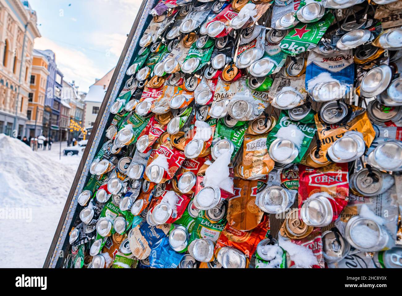 Eco Christmas tree made up of waste, recycled trash and used ...