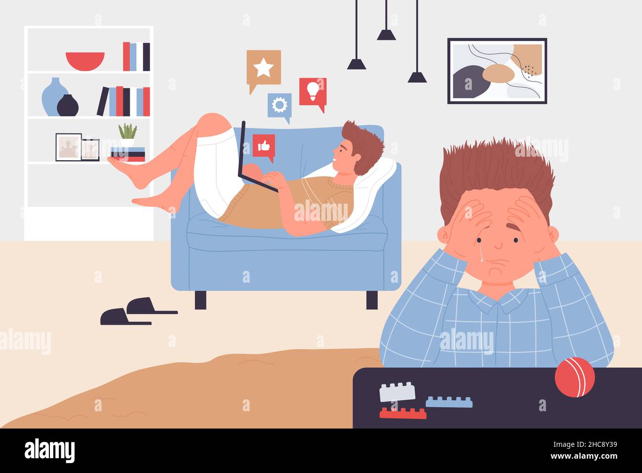 Unhappy boy crying because of father lying with laptop on couch vector ...