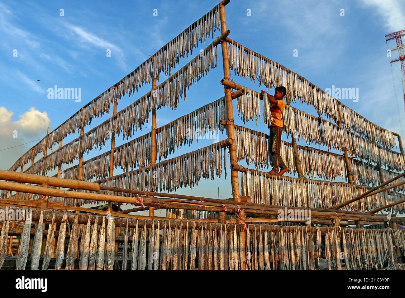 (211226) -- CHATTOGRAM, Dec. 26, 2021 (Xinhua) -- A child dries fish at ...