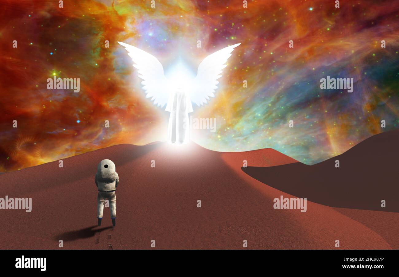 Meeting with the angel. Space journey. 3D rendering Stock Photo - Alamy