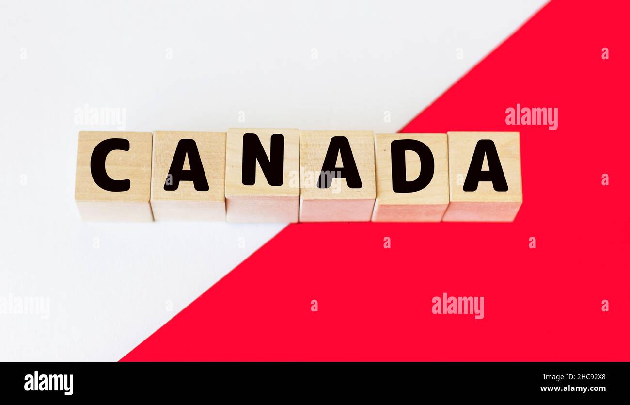 Canada word on wooden blocks and red and white background Stock Photo ...