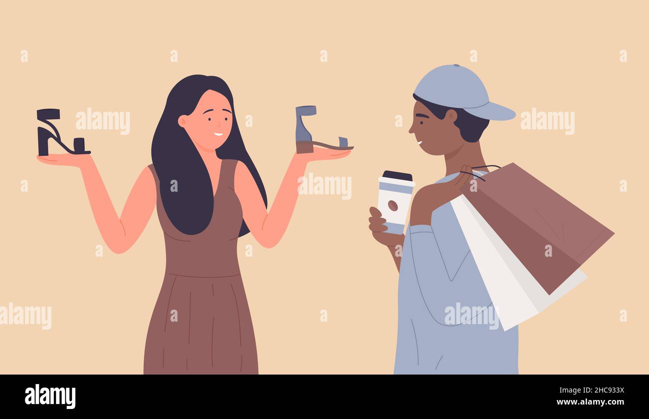 Lovely young couple doing shoes shopping. Happy cheerful lady choosing ...