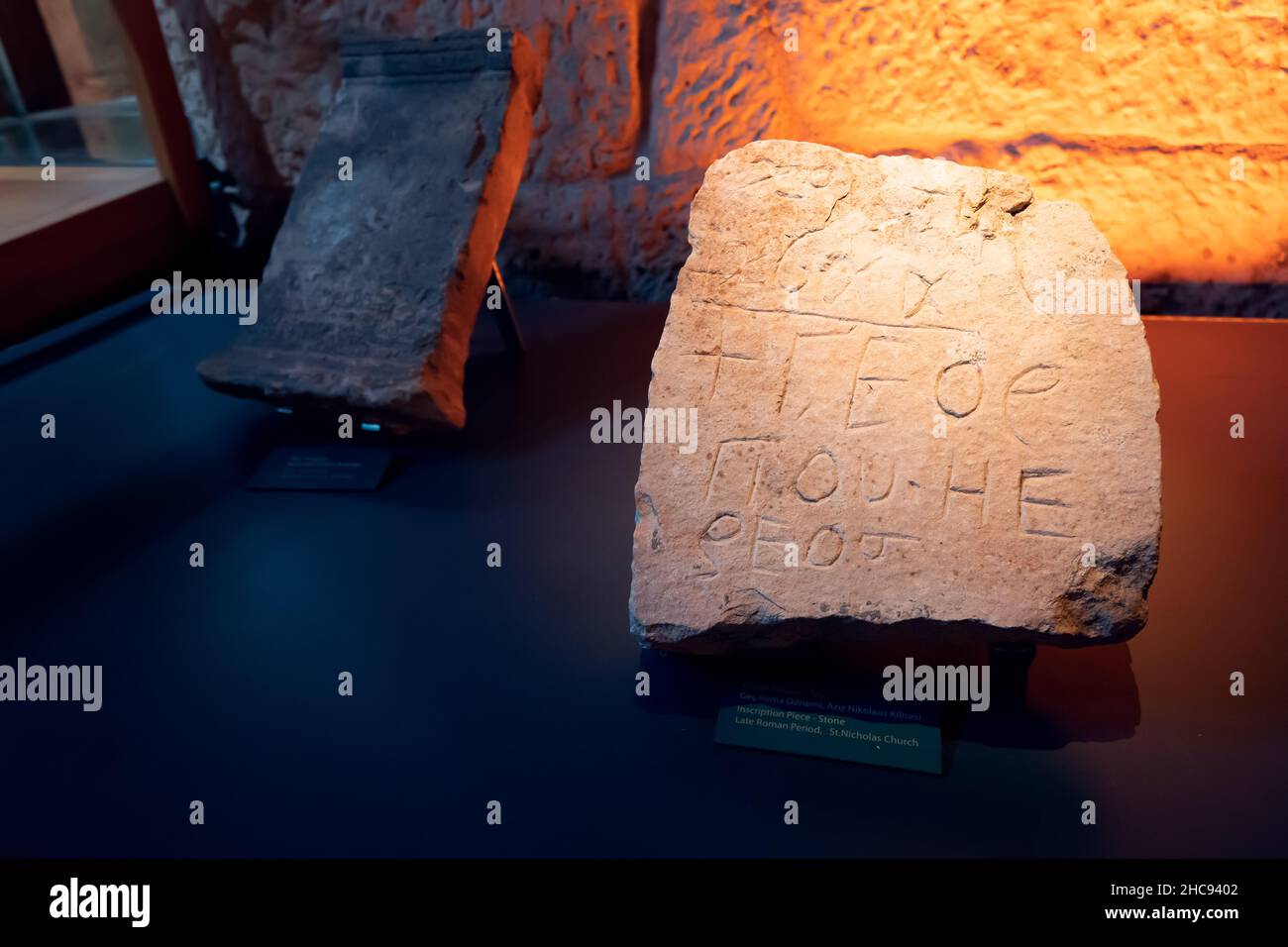 26 August 2021, Andriake, Turkey: Old stone tablet artifact with roman ...