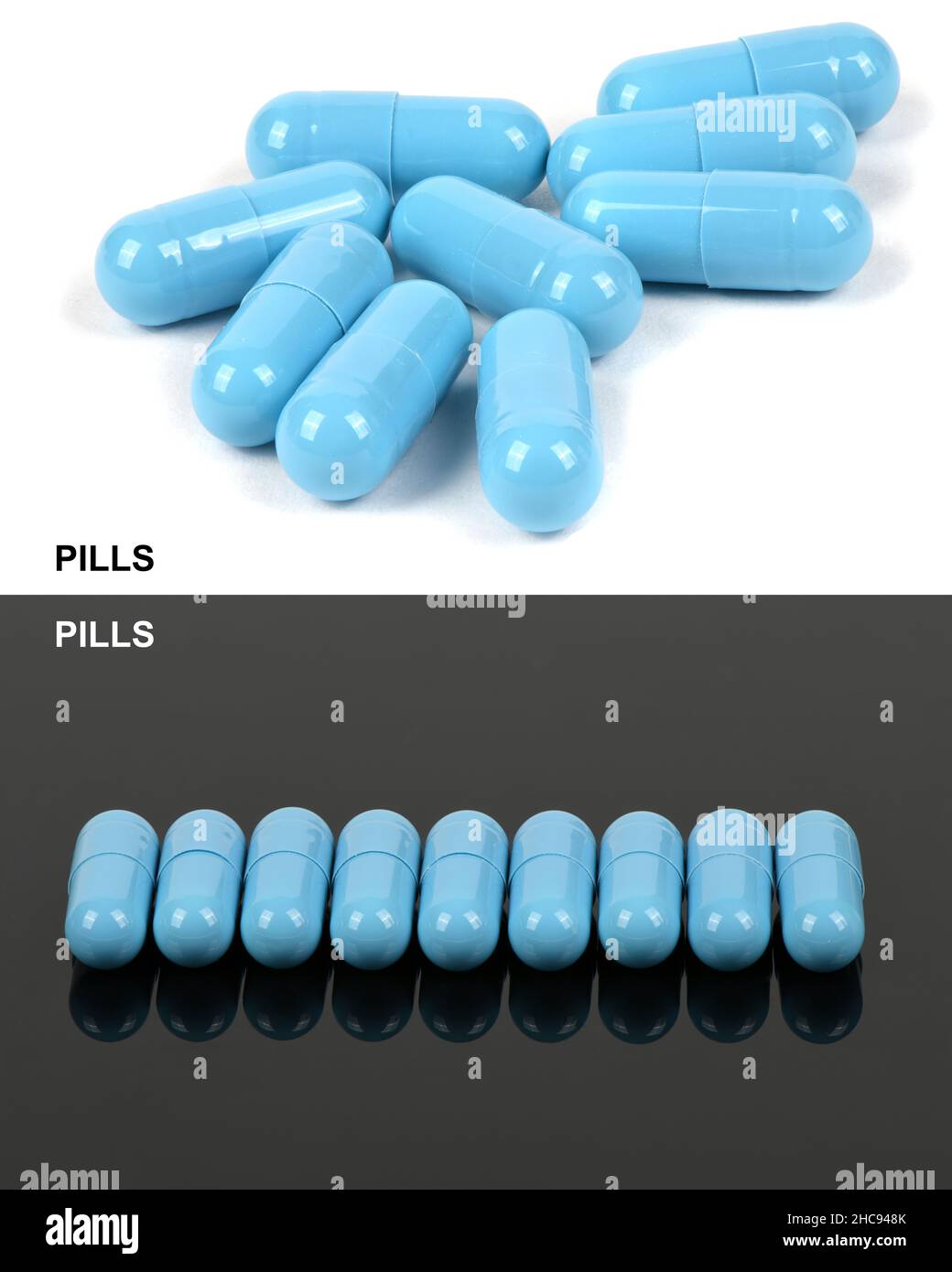 Creative layout made of blue medical pill capsules isolated on white ...