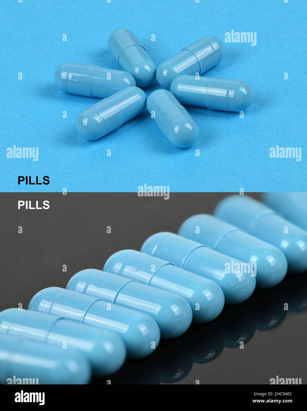 Creative layout made of blue medical pill capsules isolated on white ...