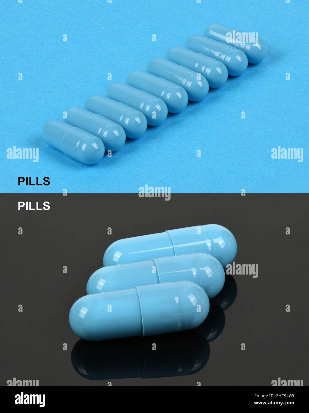 Creative layout made of blue medical pill capsules isolated on white ...